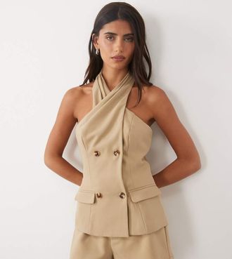 KAIIA exklusive taillierte Neckholder-Top mit Wickeldetail und Knopfdetail als Kombiteil in Beige-Neutral