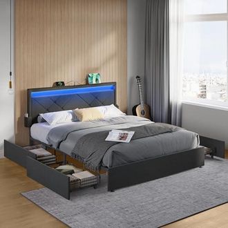 Vasagle Lit Double, 160 x 200 cm, avec LED, en Métal, 4 Tiroirs, Multiprise, Tête de Lit Rembourrée Ajustable, Pas Besoin de Sommier, Gris Ardoise et Noir Mat
