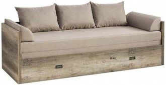 PEGANE Lit Canap&eacute; pliant 80-160x200 coloris Ch&ecirc;ne motif &eacute;criture avec matelas et 3 oreillers beiges - Longueur 202,5 x Largeur 79-154 x Profondeur 60,5 cm