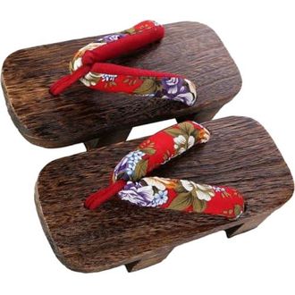 Garneck Sabots Japonerie en Bois et Tissu Pantoufles dÉté Rouge à Motifs Floraux Taille 38 Sandales Traditionnelles Femme pour Intérieur et Extérieur