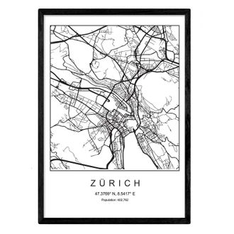 Nacnic Drucken Stadtplan Z&uuml;rich skandinavischen Stil in schwarz und wei&szlig;. A3 Gr&ouml;&szlig;e Plakat Das Bedruckte Papier Keine 250 gr. Gem&auml;lde, Drucke und Poster f&uuml;r W