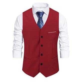 AlltheMen Herren Weste Slim fit V Ausschnitt Anzugweste &Auml;rmellose Westen f&uuml;r Business Hochzeit Rot XXL
