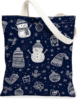 Generic Sacs fourre-tout en toile motif bonhomme de neige dhiver, sacs d&eacute;picerie r&eacute;utilisables, vintage, amusant, l&eacute;ger, lavable avec bandouli&egrave;re, bleu marine