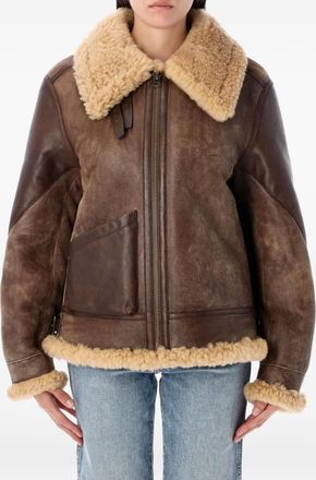 Ralph Lauren Collection veste en cuir à bords en peau lainée - Marron