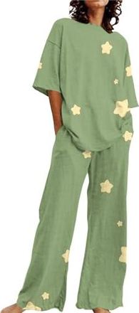 Generic Pyjama Combinaison Femme Vetement Femme Sexy Ete Ensemble 2 Pièces pour Femmes Col Rond Ample Manches Courtes Imprimé Chemise Haute avec Chemise De Nu