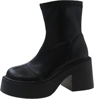 Generic Bottines &agrave; plateforme &eacute;paisse pour femme - Bottes courtes imperm&eacute;ables en similicuir avec bout rond, semelle &eacute;paisse pour augmenter la hauteur et sout