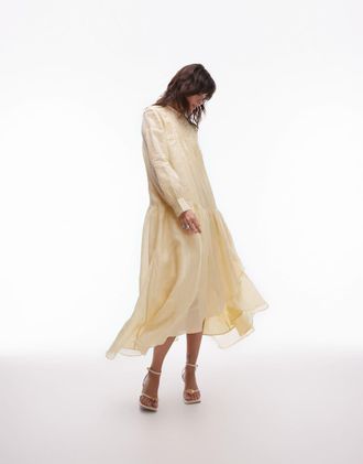 & Other Stories Strukturiertes, volumin&ouml;ses Maxikleid in Buttergelb mit Spitzen-Detail und gestuften R&uuml;schen-Neutral