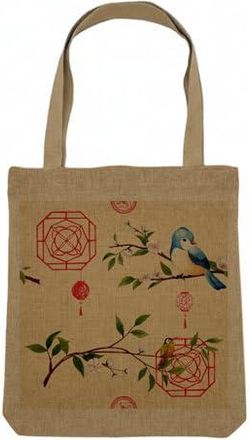 Fabulous Sac Shopping Tote Bag Aspect Lin - Oiseau et Lantern Illustration Japonais Traditionel Design motif - Sac de Courses Toile Epaisse 360g Beige Naturel 