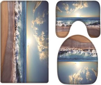 A.Monamour Badezimmer Badematte 3 Teilig Set Meer Sonnenuntergang Ozean Wellen Sandstrand Landschaft Flanell WC Toilette Deckel Deckt Bad Matte Teppich Badteppic