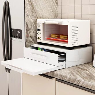 Generic Ausziehbarer Ablagekorb mit Schublade, Organizer-Regal aus Kohlenstoffstahl, passend for Mikrowellenherde, 47 x 36-62 14 cm, Wei&szlig;