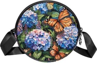 Generic Sac &agrave; bandouli&egrave;re rond pour femme, motif papillon, fleurs, petit sac &agrave; bandouli&egrave;re avec fermeture &eacute;clair, bretelles r&eacute;glables, sac &agrave; main rond d&eacute;contr