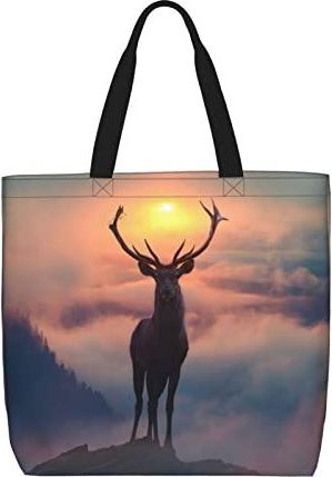 Generic Sac Fourre-Tout Chasse Au Cerf Au Soleil Femmes Sac &Agrave; Bandouli&egrave;re R&eacute;utilisable De Grande Capacit&eacute; Sacs En Toile, Pour Filles, Femmes, Tous Les Jours, 