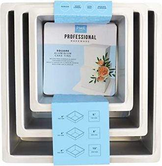 PME Quadratische Kuchenformen 15, 20, 25 cm x 10 cm tief, 3er-Satz, Silber