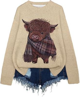 Generic 2026 Printemps Imprim&eacute; Animal Pull Pull Confortable D&eacute;contract&eacute; Col Rond Tricot Haut Doux Chaud Mode Automne Hiver Usage Quotidien Col Roul&eacute; Confortab