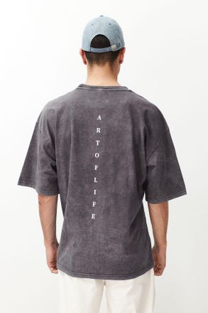 Trendyol MAN Jungen Grau Slogan Kurz Oversize T-Shirts