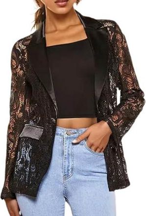 Generic Vestes pour femmes 2026 en dentelle et maille boutonn&eacute;e &agrave; revers &agrave; manches longues pour femmes, Noir, XL