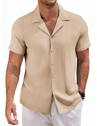 Coofandy Herren Hemd Kurzarm Kubanischer Kragen Sommerhemd Wellenstreifen Hemden Freizeithemd Leichetes Hawaiihemd Männer Regular Fit Khaki XXL