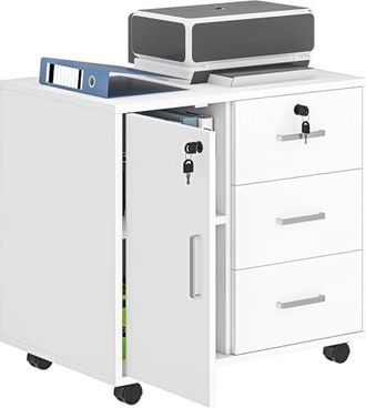 HOMCOM Caisson bureau avec 3 tiroirs et &eacute;tag&egrave;re r&eacute;glable, meuble de rangement armoire rangement bureau verrouillable avec roulettes, 40 x 60 x 56 cm, blanc