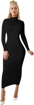 Generic Robes amincissantes 2026 pour femmes, col roul&eacute; basique, manches longues, c&ocirc;tel&eacute;e, moulante, automne, robe crayon Maix, Noir, XL