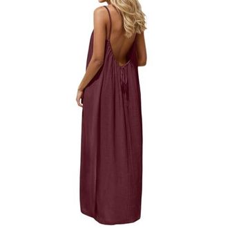 Generic Robe caraco dos nu pour femme - Robe longue sans manches avec noeud dans le dos - Couleur unie, Rouge, 3XL