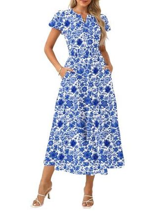 Grace Karin Robe maxi pour femme, manches courtes, lignes A, robe florale, col en V, taille &eacute;lastique, robe d&eacute;t&eacute;, blanc/bleu, S