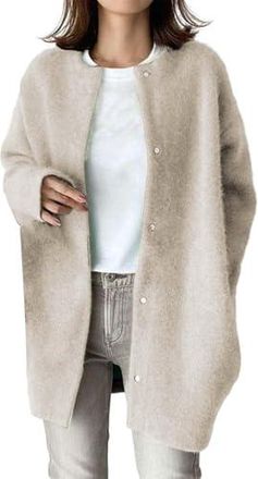 Generic Cardigan long en laine pour femme avec poches avant et revers chaud, beige, XXL