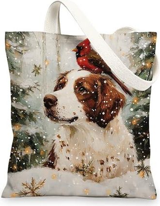 Generic Sac fourre-tout en toile motif chien Bretagne de No&euml;l 33 x 38 cm, sac d&eacute;picerie r&eacute;utilisable pour femme, peinture danimaux domestiques, d&eacute;coration cad
