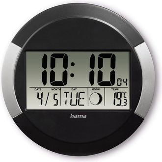 Hama Wanduhr Digital mit Funk (Funkuhr ohne tickgeräusche, Digitaluhr mit LCD-Display, Thermometer, Kalender, Mondphase, inkl. Batterie zum aufhängen oder 
