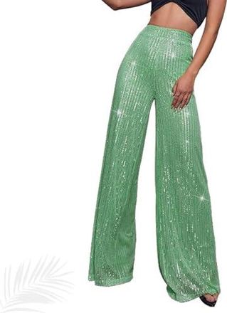 Generic Pantalon palazzo taille haute &agrave; paillettes pour femme - Pantalon de f&ecirc;te scintillant, vert clair, XL