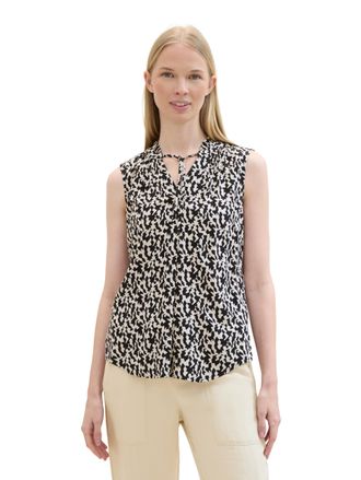 Tom Tailor Damen Basic Bluse mit Rüschen-Detail am Kragen, black small abstract design, 46