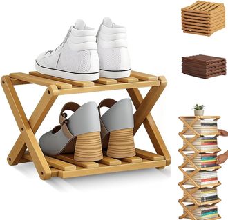 Generic The 9-Tier No-Assembly Bamboo Rack, Foldable Vertical Shoe Organizer for Small Spaces, No-Tool Assembly, Foldable Storage Shelf for Shoes, Books & Hom