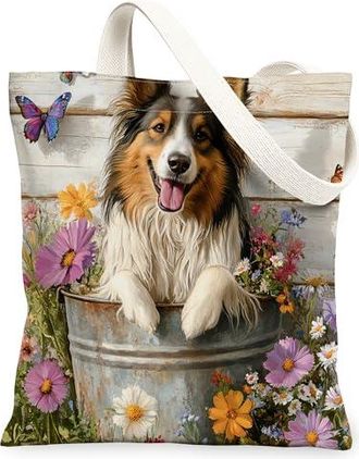 Generic Sac fourre-tout en toile motif chien de Collie printanier pour faire du shopping, 33 x 38,1 cm, joli sac &agrave; bandouli&egrave;re r&eacute;utilisable en bois de fleur r