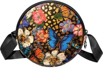 Generic Sac &agrave; bandouli&egrave;re rond pour femme, motif fleurs et papillons, sac &agrave; dos avec fermeture &eacute;clair, bretelles r&eacute;glables, sac &agrave; main rond d&eacute;contract&eacute; pour f