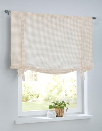Kutti Heimtextilien Raffrollo Raffgardine Schleife Cottage weiß beige Natur Landhaus Vorhang Tunnelzug Baumwolle kariert Blickdicht Breite 100 cm x Höhe 100 cm