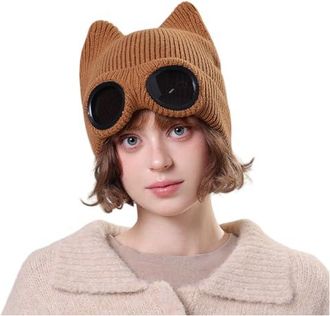Generic M&uuml;Tze Bonnet dhiver pour femme - Coupe-vent - Avec oreilles de chat et verres int&eacute;gr&eacute;s - Chapeau tendance, marron clair, taille unique