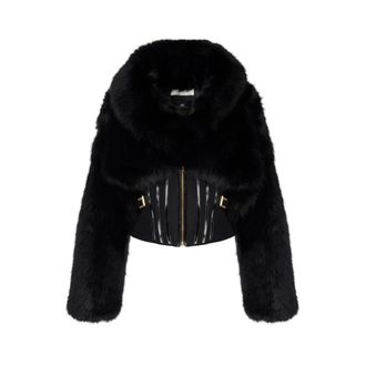 Elisabetta Franchi Femme, Vestes, Noir, Taille: 40 FR Veste à effet fourrure et tissu crêpe double épaisseur