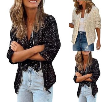 Generic HUIFUAO Vestes &agrave; paillettes pour femme - Manches longues - Fermeture &eacute;clair - Grande taille - Cardigan &agrave; paillettes - Pour festival, f&ecirc;te, sortie, clu