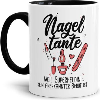 Tassendruck Berufe-Tasse Superheldin Nageltante - Kaffee-Tasse mit Spruch/Arbeit/Job/Lustig/Geschenk-Idee - Innen & Henkel Schwarz