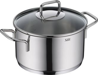 Silit Extra Cook, Kochtopf 20 cm mit Glasdeckel, Innenskalierung, breiter Schüttrand, hochwertiger spülmaschinenfester Crominox-Edelstahl, Bratentopf groß, 