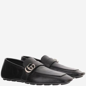 Gucci Mens Leather Loafers With Logo Detail Black Calfskin