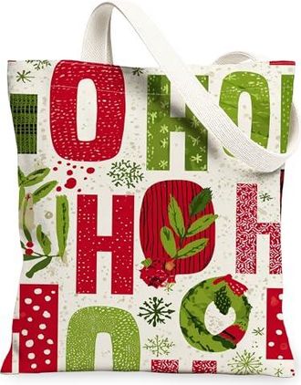 Generic Sacs fourre-tout en toile de No&euml;l, motif rouge vert, sacs d&eacute;picerie r&eacute;utilisables, vintage l&eacute;gers et lavables avec bandouli&egrave;re, Rouge, 13x15 Inch