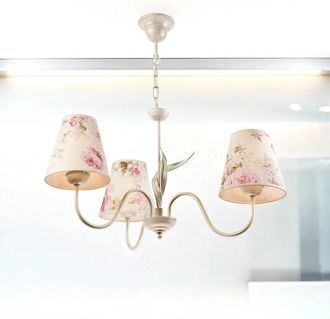 Licht-Erlebnisse Licht-erlebnisse - Kronleuchter Stoff Metall Creme Wei&szlig; Rosa E27 Floral Landhaus H&auml;ngelampe Wohnzimmer