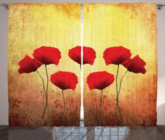 Abakuhaus Blumen Rustikaler Gardine, Retro Mohnblumen-Blumen, Schlafzimmer Kr&auml;uselband Vorhang mit Schlaufen und Haken, 280 x 245 cm, Hellgelb Scharlachrot