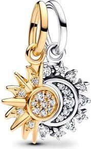 Pandora Moments 763585C01 Breloque divisible Soleil et Lune en argent sterling avec alliage m&eacute;tallique plaqu&eacute; or et zircons, compatible avec les bracelets Mom