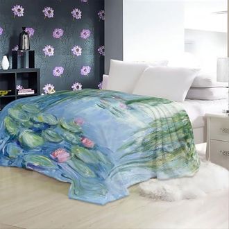 Generic Plaid Polaire Flanelle imprim&eacute; Peinture de n&eacute;nuphar Aquarelle canap&eacute;, Chambre &agrave; Coucher, Chaise Bleu Couverture Douce et Chaude pour lit 150 x 200cm