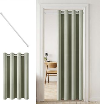 Miulee blickdicht Türvorhang mit Teleskopstange,ohne bohren einfache Montage, 1 Stück Salbei Grün tür vorhang innen H 200 x B 150 cm für Zimmer tür, Weiß Sta