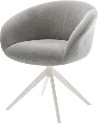 DELIFE Esszimmerstuhl Vinka-Flex mit Armlehnen Kreuzgestell breit Weiß Strukturstoff Soft Grau 360° drehbar Wippfunktion Taschenfederkern