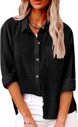 SHEKINI Chemisier Femme Coton Chic et Élégant Manches Longues Décontracté Col en V Boutonné Blouse Haut Top Chemise Lin avec Poche Coupe Ample