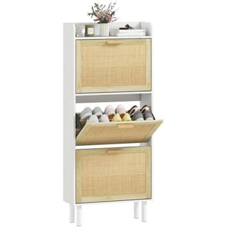 HOMCOM Meuble à chaussures - HOMCOM - 3 portes abattants effet résine tressée, étagères - 18 paires - 65 x 24,5 x 153 cm - blanc