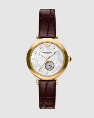 Emporio Armani Archelia Automatikuhr aus burgunderrotem Leder in Gold